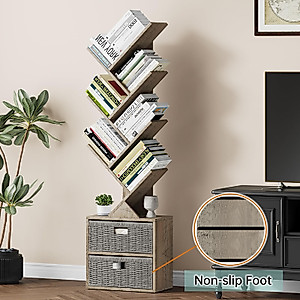 Vagusicc 6 Tier Tree Bookshelf, Modern Floor Standing Bookcase with Storage Drawer, Space Saving Storage Organizer Book Shelves for Books, Tall Wood Storage Rack for Bedroom/Living Room/Home Office