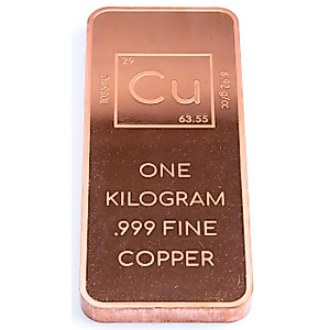 1 Kilo .999 Pure Copper Bar Bullion with Element Design - Unique Metals