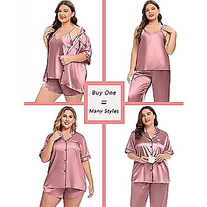SWOMOG Silk Satin Pajama Set for Plus Size Women Short Summer Pajamas Set Loose Button-Down Pjs Rose Pink 24W Sleepwear