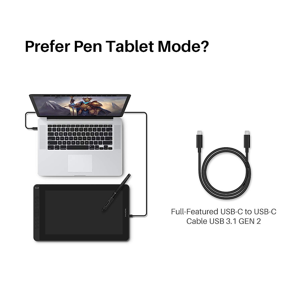 HUION Full-Featured USB-C to USB-C Cable USB 3.1 GEN 2 DP1.2 Supported Suitable for Kamvas 12/13/16(2021)/22/24/22 Plus/24 Plus/Pro 13 (2.5K)/Pro 16 (2.5K)/Pro 16 (4K)/Pro 16 Plus (4K)/Pro 24(4K)