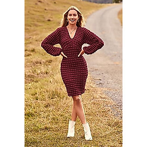 PRETTYGARDEN Women's Fall Mini Bodycon Dress Long Puff Sleeve V Neck Fitted Party Club Dresses (Wine Red,X-Large)