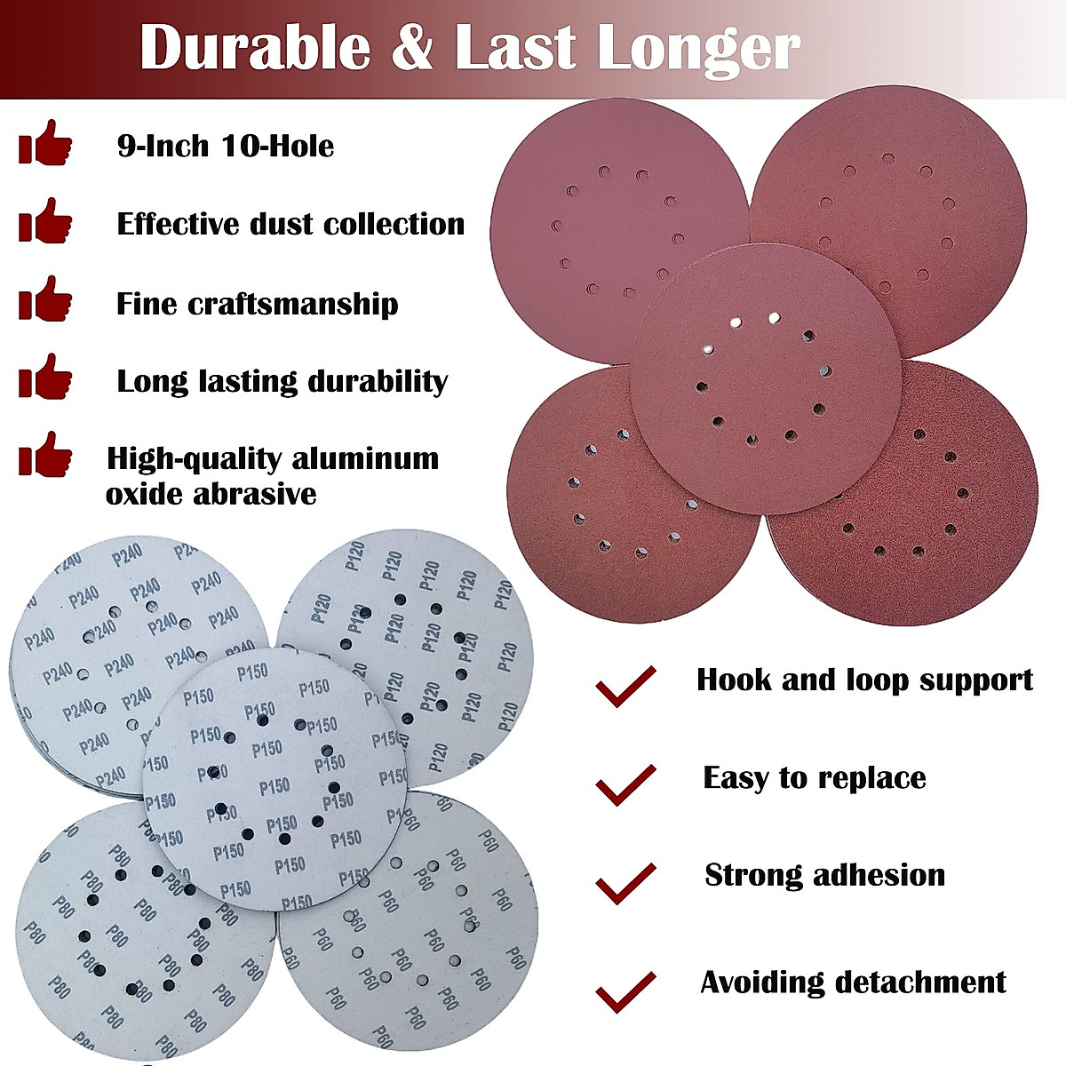 Sackorange 100 PCS 9 Inch 10 Hole Hook and Loop Sanding Discs Set - 60 80 120 150 240 Grits Aluminum Oxide Sander Paper for ‎9" Drywall Sander Wood Furniture Finishing