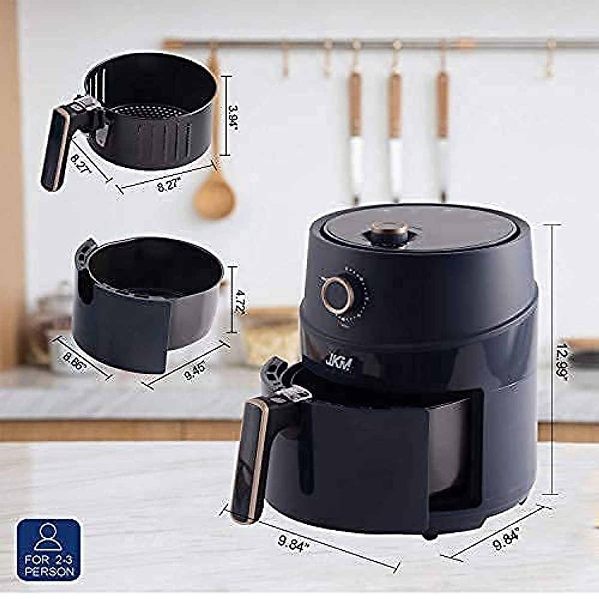 JKM Air Fryer 3.7QT Large Electric Oilless Mechanical Temperature Control, Nonstick Frying Basket, Knob-Blue