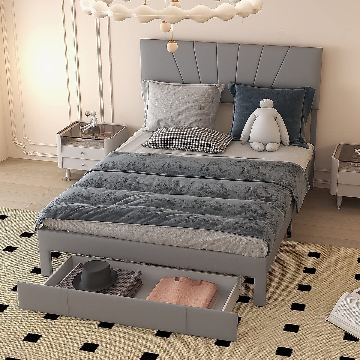 Giantex Upholstered Queen Bed Frame with Drawer, Modern Platform Bed with Storage & Adjustable Headboard, Wooden Slat Support Mattress Foundation, No Box Spring Needed, Noise Free