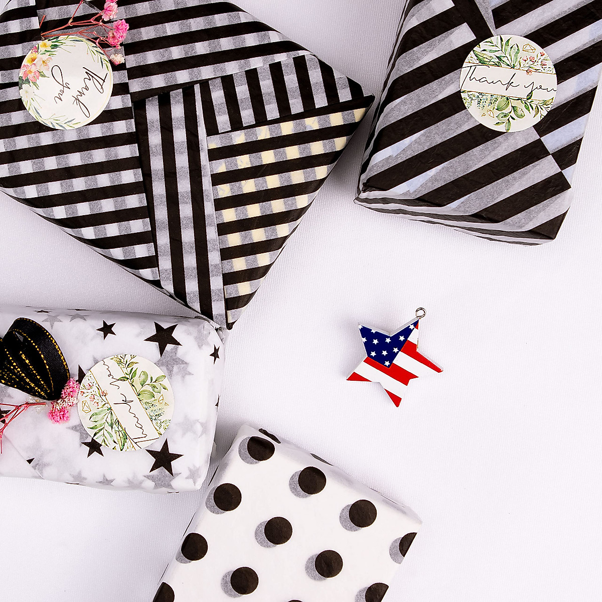 MR FIVE 60 Sheets White and Black Tissue Paper Bulk,20" X 28",4 Styles Tissue Paper for Gift Wrapping,Gift Tissue Paper for Gift Bags,Crafts,Birthday,Star Stripes Polka Dots Pattern Tissue Paper