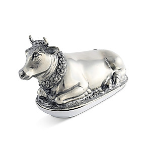 Vagabond House Pewter Metal Mabel the Cow Covered Butter Cream Cheese Dish Container Keeper Heirloom Quality with Stoneware Tray Base 8.5 inch Long