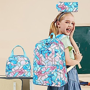 Bluboon Teen Girls School Backpack Kids Bookbag Set with Lunch Box Pencil Case Travel Laptop Backpack Casual Daypacks (Marble pink purple blue)