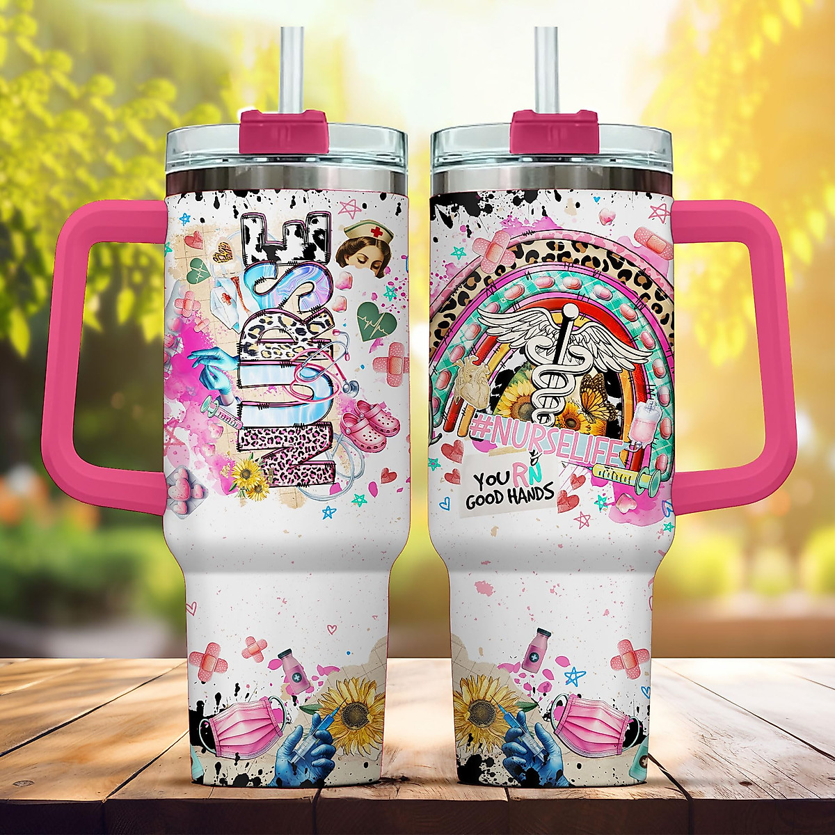 99WHALE Coffee Straws Student Practitioner Cup Er Cups Leopard Travel Women Nurses Print For, Nurse Gifts, Tumbler 40 Oz With Handle Lid And Straw, Nurse Rainbow Collaboration