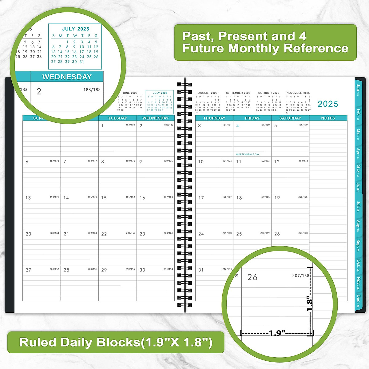 2023-2024 Monthly Planner/Calendar - 18-Month Planner with Tabs & Pocket, July 2023 - December 2024, Contacts and Passwords, 8.5" x 11", Thick Paper, Twin-Wire Binding - Black