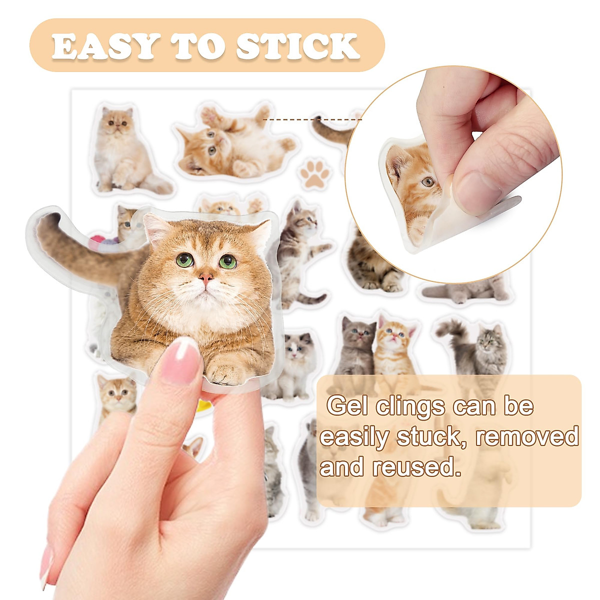20 Pcs Cat Thick Gel Clings Kitten Window Gel Clings Decals Stickers for Kids Toddlers and Adults Cute Reusable Window Clings for Home Airplane Classroom Nursery Cat Party Supplies Decorations