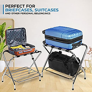 USTECH 2 Tier X-Shape Folding Luggage Rack | Heavy Duty Metal Stand with Nylon Straps and Rubber Feet for Added Stability | Suitcase Bag Holder for Guest Room, Bedroom, and Kitchen