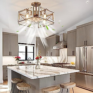 PUNSOKO Ceiling Fans with Lights, Brushed Nickel Fandelier Ceiling Fan with Light and Remote, 20'' Modern Bladeless Chandelier Fan Flush Mount for Kitchen, Bedroom, Living Room
