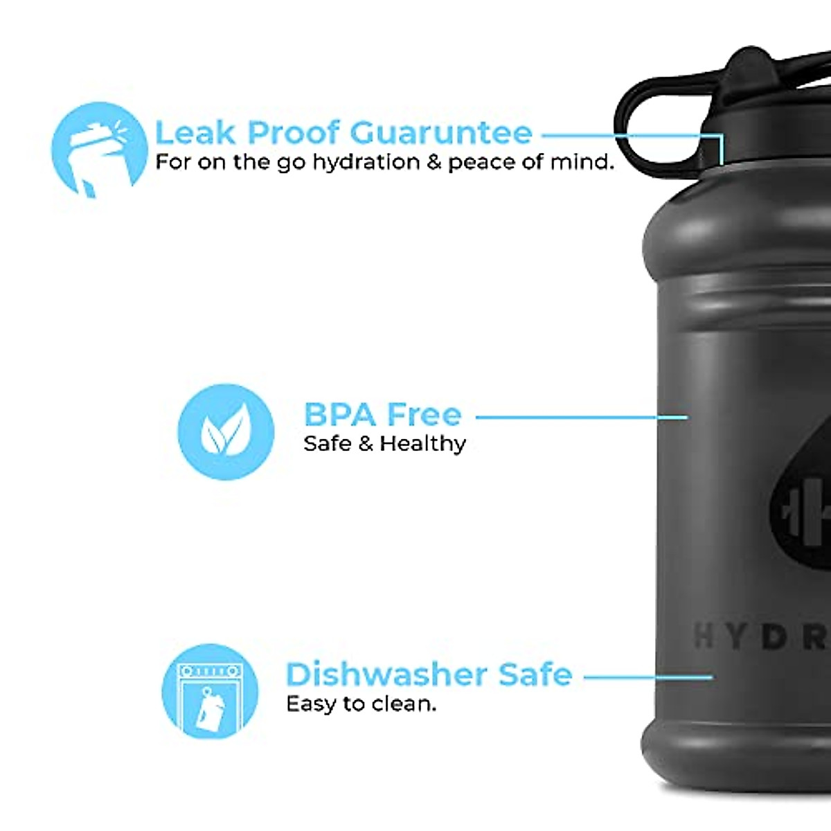 HydroJug Half Gallon Water Bottle 73oz - Refillable, Reusable Jug With Carry Handle - Leakproof Guarantee - Great For On-The-Go Hydration - Dishwasher Safe, BPA Free