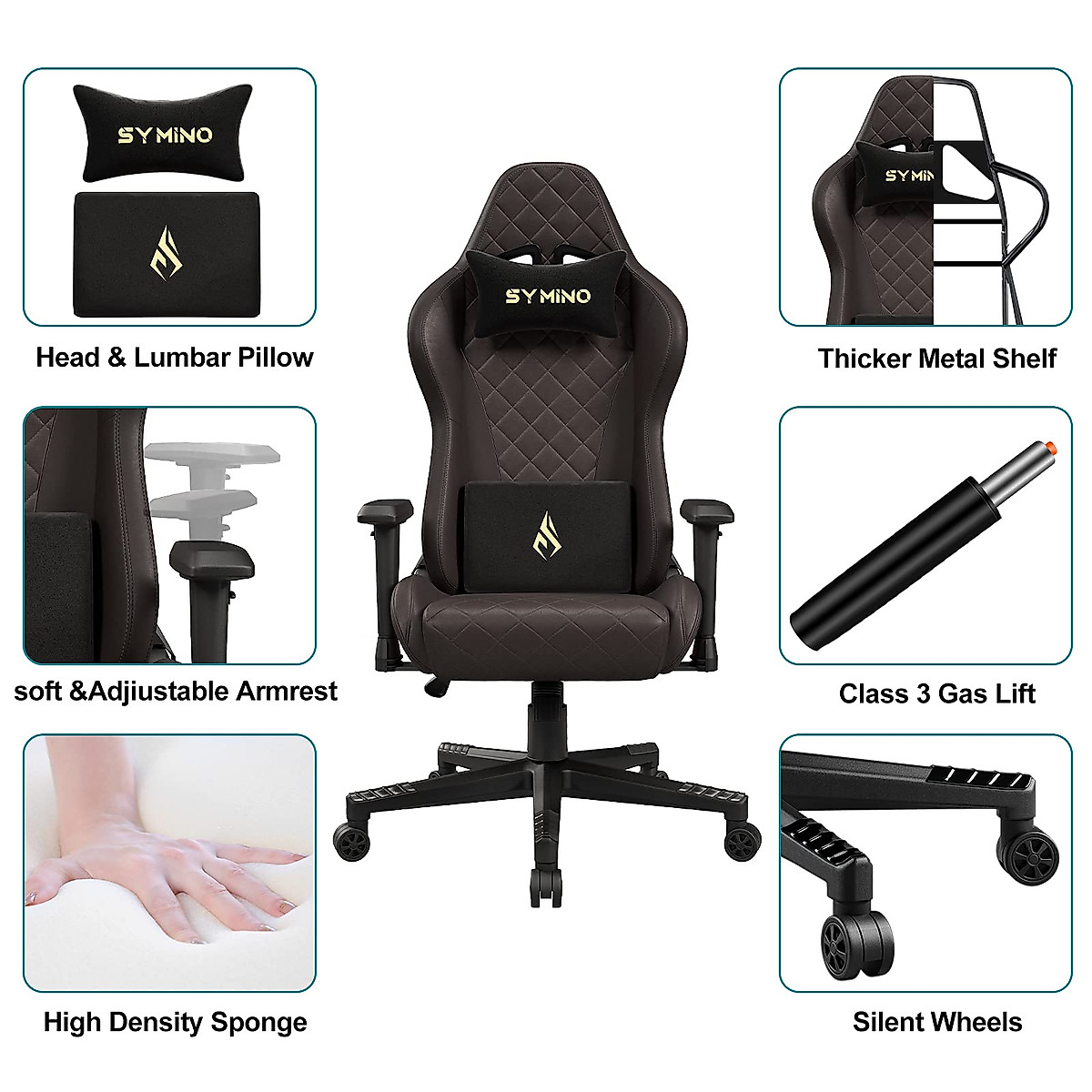 symino Gaming Chair Ergonomic PC Chair Racing Style Computer Chair with 3D Armrest, Vintage Style PU Leather Office Chair(Brown)