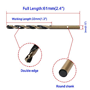 Aopin 2pcs HSS 0.12" Inch (3mm) Metric Gold Cobalt Titanium High Speed Steel Twist Drill Bit,Suitable for Cast Iron,Stainless Steel,Copper, Wood,Plastic
