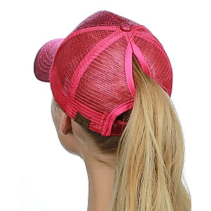 C.C Ponycap Messy High Bun Ponytail Adjustable Glitter Mesh Trucker Baseball Cap, Hot Pink