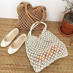 Hixixi Cotton Rope Travel Beach Fishing Net Handbag Shopping Woven Shoulder Bag for Women Girls (White)