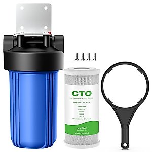 SimPure Whole House Water Filter Housing, 1-Stage 10" x 4.5" Big Filter Housing Blue for Whole Home Water Filtration, Sediment Water Filter System for Well, 1" NPT Brass Port (with CTO Filter)
