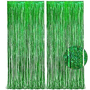 Green Tinsel Curtain Party Backdrop - GREATRIL Foil Fringe Curtain for St Patrick’s Day/Luau/Hawaiian/Dinosaur/Jungle/Summer/Safari/Ghost/Football Party/Christmas/Birthday Party Decorations 2 Packs
