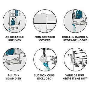 Zenna Home Hanging Shower Caddy, Over the Door, Rust Resistant, with 2 Storage Baskets, Soap Dish, Razor Holders and Hooks, Bathroom or Kitchen Shelf Organizer, No Drilling, Chrome