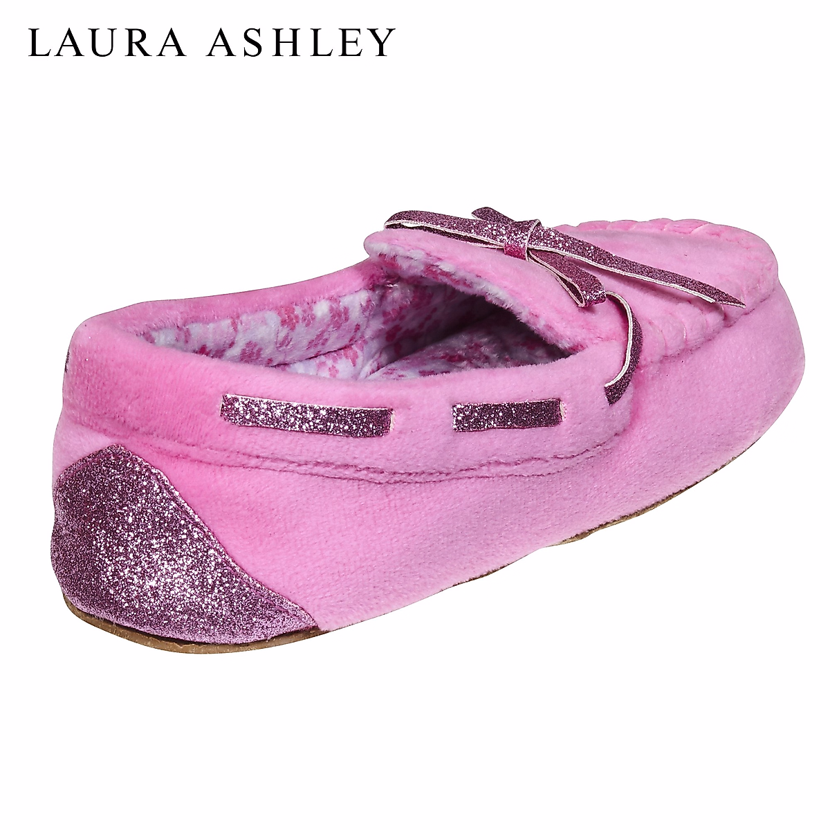 Laura Ashley Kids Girls Fleece Glitter and Bow Moccasins Fuschia 2/3