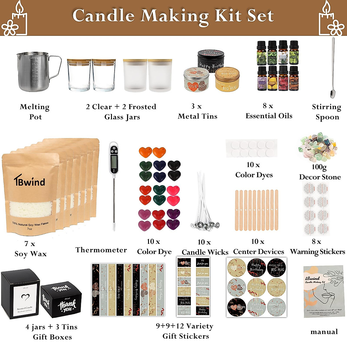 TBWIND Candle Making Kit, Soy Candle Making Supplies DIY Candle Craft Tools for Adults, Kids, Beginners with 8 Pleasant Scents, Melting Pot, Wicks, Wax, Dyes & More - DIY Starter Candle Making Kit