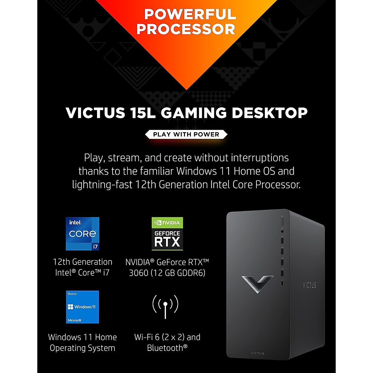 HP Victus 15L Gaming Desktop Computer, NVIDIA GeForce RTX 3060 Graphics Card, 12th Gen Intel Core Processor, 16 GB SDRAM, 512GB SSD, Windows11 Home OS, QuickDrop, Wi-Fi & Bluetooth (TG02-0040,2022)
