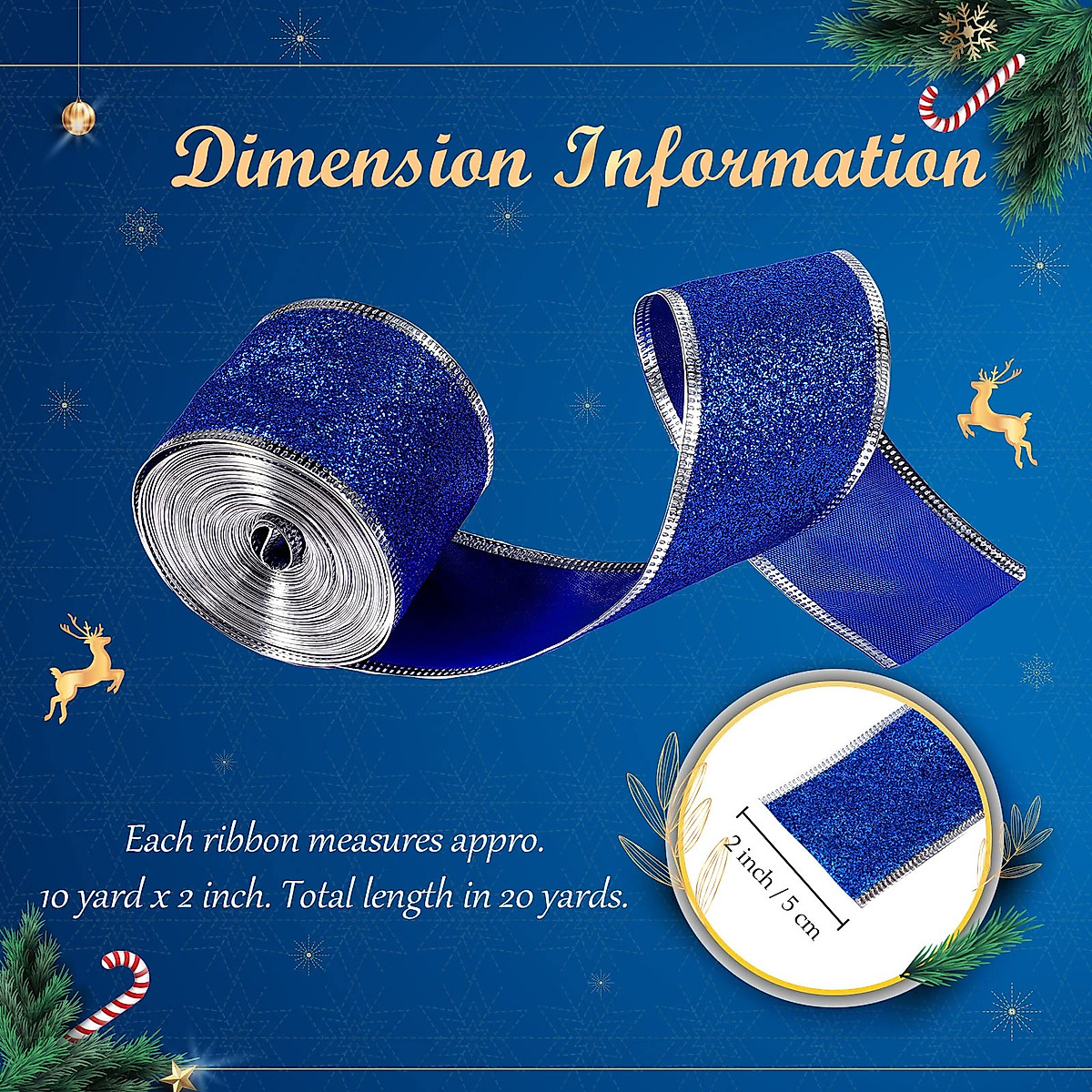 2 Rolls 20 Yards Christmas Wired Ribbons Blue Glitter Ribbon Metallic Wired Ribbon Craft Gift Wrapping Christmas Tree Ribbon for DIY Xmas Party Bows Decorations Supplies (Blue, 2 Inches)