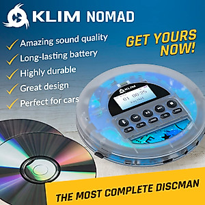 KLIM Nomad Transparent - New 2024 - Portable CD Player Walkman with Long-Lasting Battery - Includes Headphones - Radio FM - MP3 CD Player Portable - TF Card Radio FM Bluetooth - Ideal for Cars