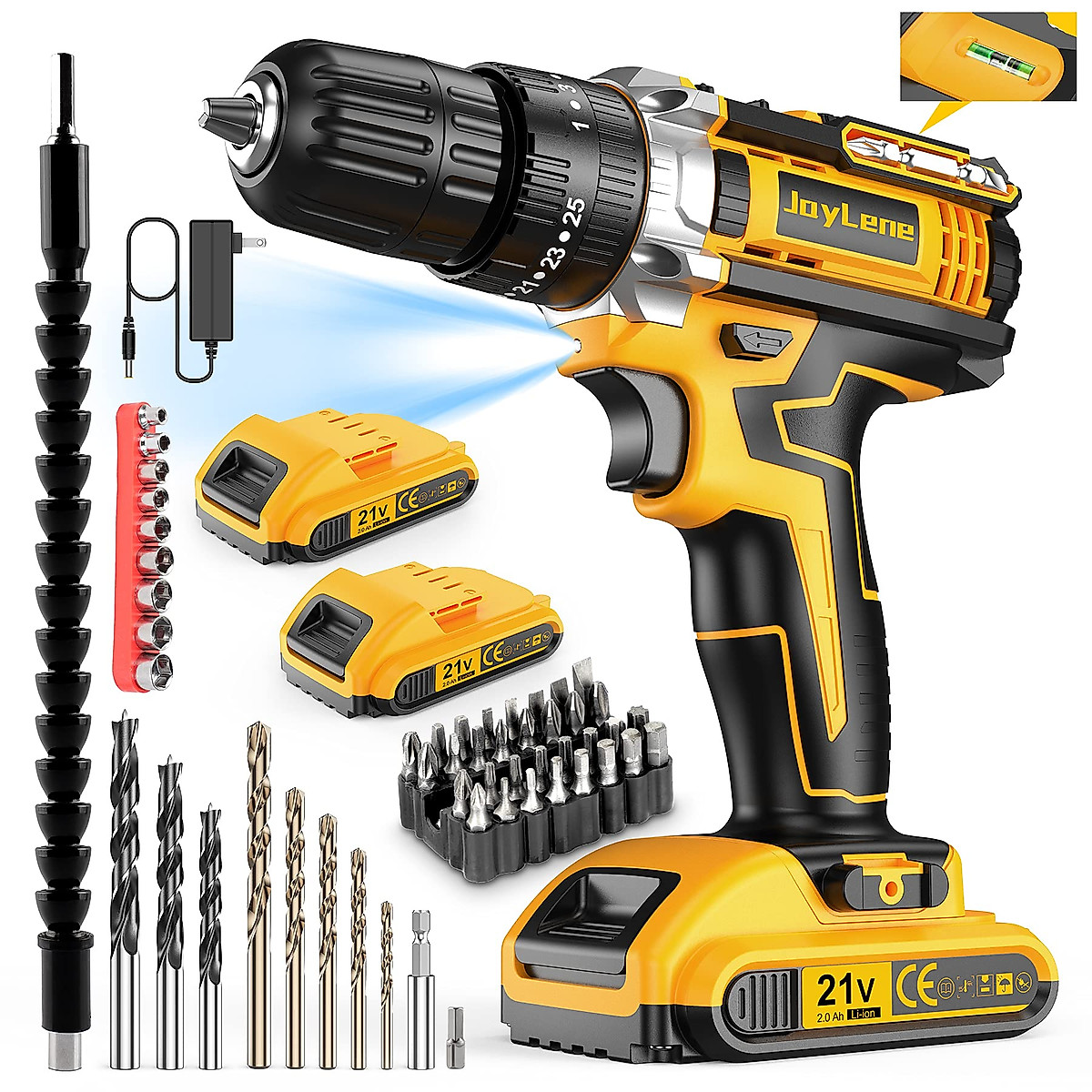 JayLene 21V Cordless Drill Set, Power Drill 59Pcs with 3/8 Inch Keyless Chuck, 25 3 Clutch Electric Drill with Work Light, Max torque 45Nm, 2-Variable Speed & 2 Batteries and Fast Charger
