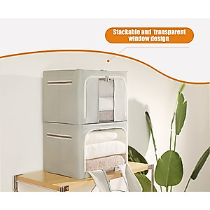 Furnhome 3 PACK 40L Oxford Cloth Steel Frame Storage Box, Clothes Storage Box Organizers with Foldable Clear Window & Reinforced Handles for Clothes,Closet,Comforters,Bedding, Blanket(Light Grey)