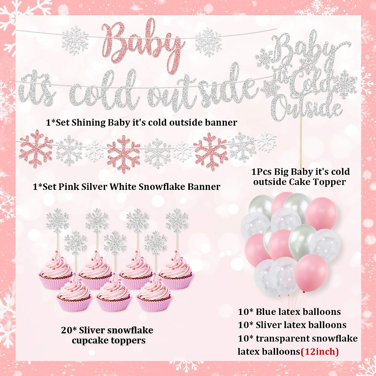 Baby It’s Cold Outside Party Decorations, Banner, Snowflake Balloons, Garland for Winter Wonderland Baby Shower, Christmas, Winter Birthday Party Supplies, Silver (Pink)