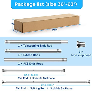 ZIPGLO Shower Curtain Rod 36-63 Inch Stainless Steel Shower Rod Never Rust Shower Curtain Tension Rod Shower Tension Rod Anti-Slip Shower Curtain Rods No Drilling Tension Shower Rods for Bathroom