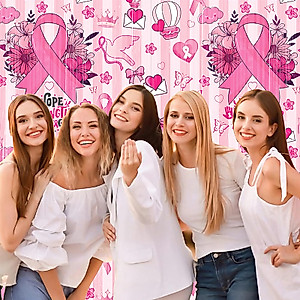 HOWAF Breast Cancer Awareness Foil Fringe Curtains Decoration, 2 Pack 3.2 * 6.5ft Pink Ribbon Photo Booth Backdrop Hope Fight Breast Cancer Streamer Tinsel Curtains for Hope Strength Women Supplies