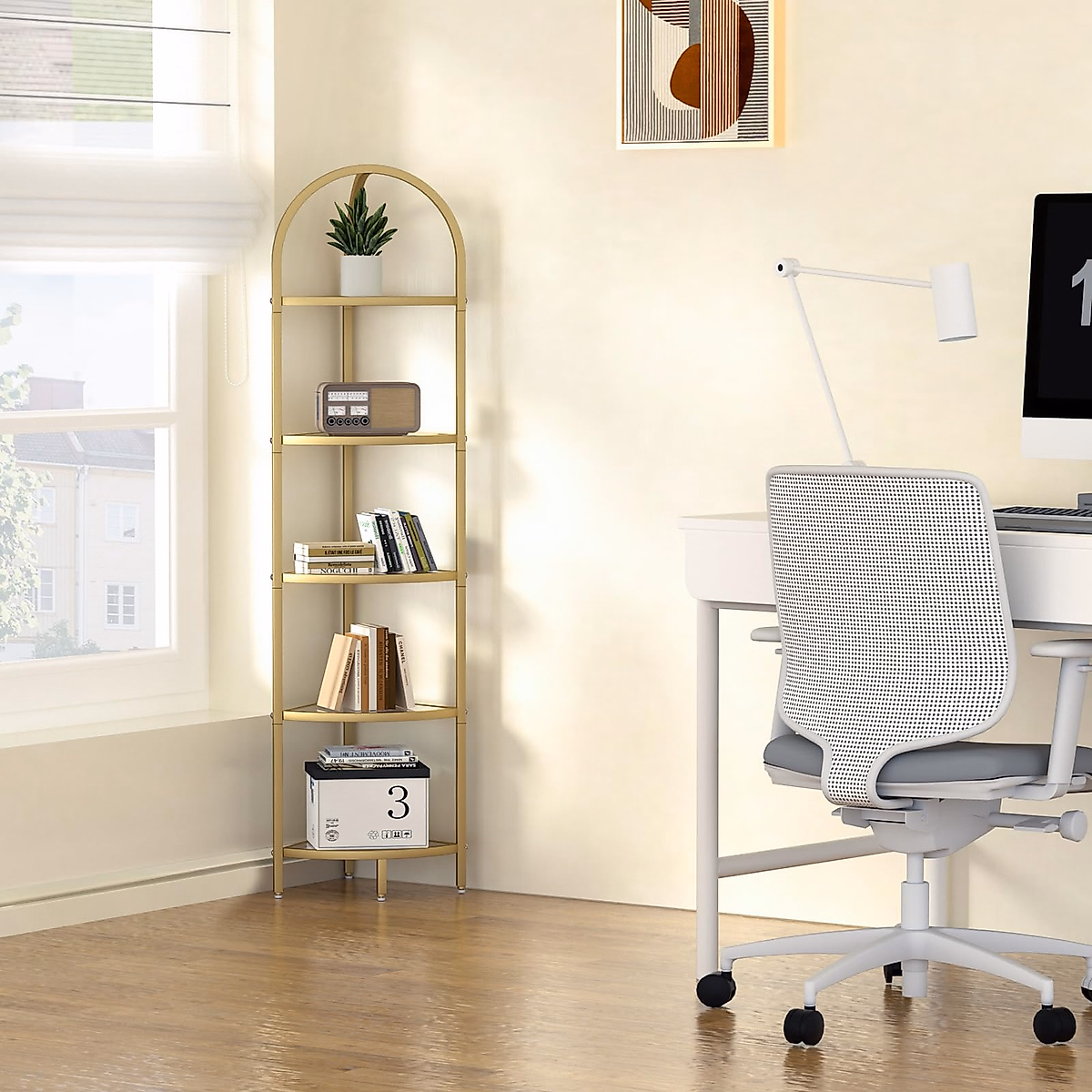 Homhedy 5-Tier Corner Shelf Stand, Metal Corner Bookshelf, Tempered Glass Shelves, Bathroom Storage Rack Shelf, Plant Stand, Modern Style,Golden