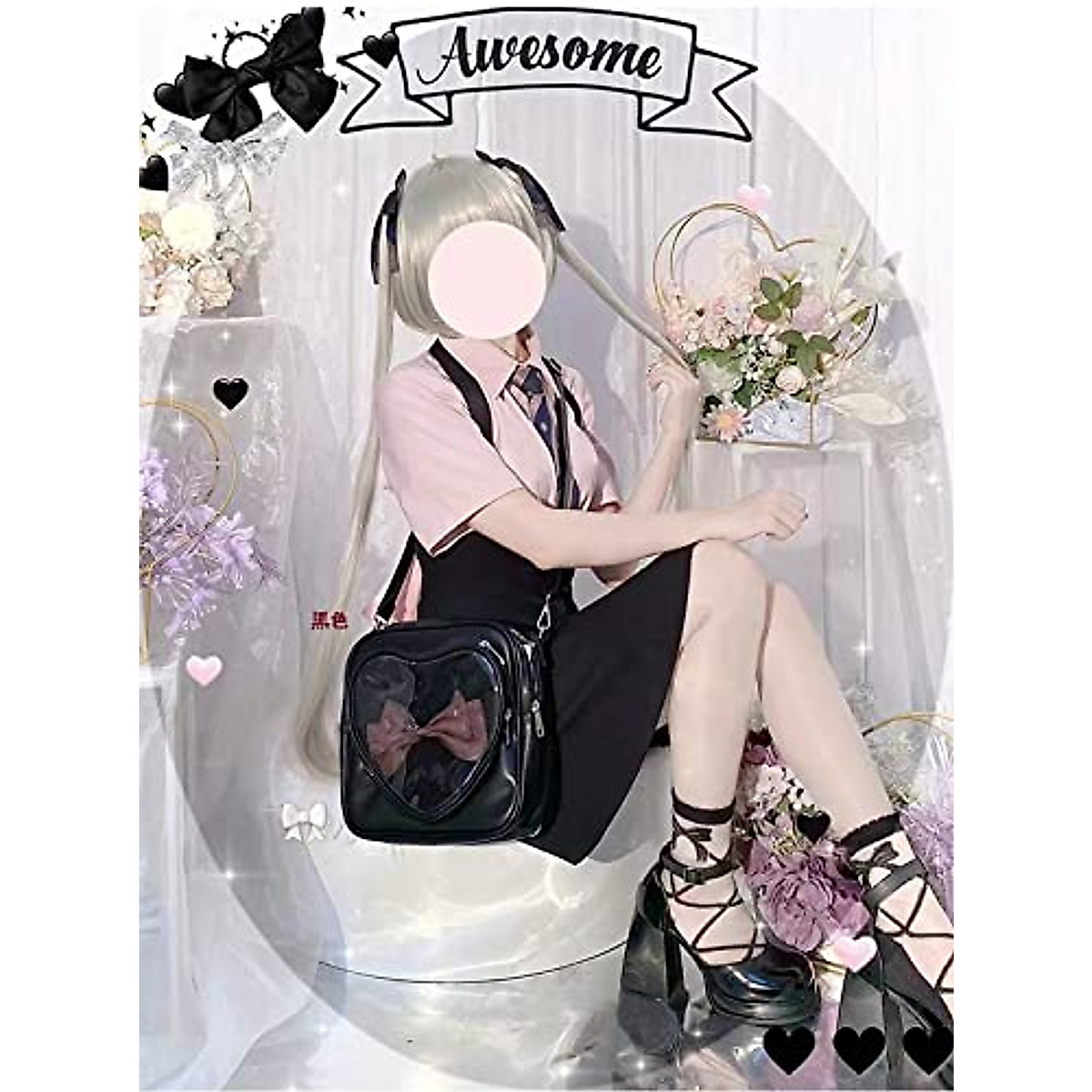 RAINBOW SMILE Ita Bag Multi-Purpose Backpack Crossbody Heart Purse Kawaii Pin Display Bag with Insert （2117-Black