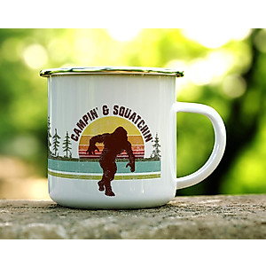 Sasquatch Bigfoot Enamel Campfire Mug, Outdoor Camping Coffee Cup, Mountain Nature Hiking Camp Lover Gift (12oz)