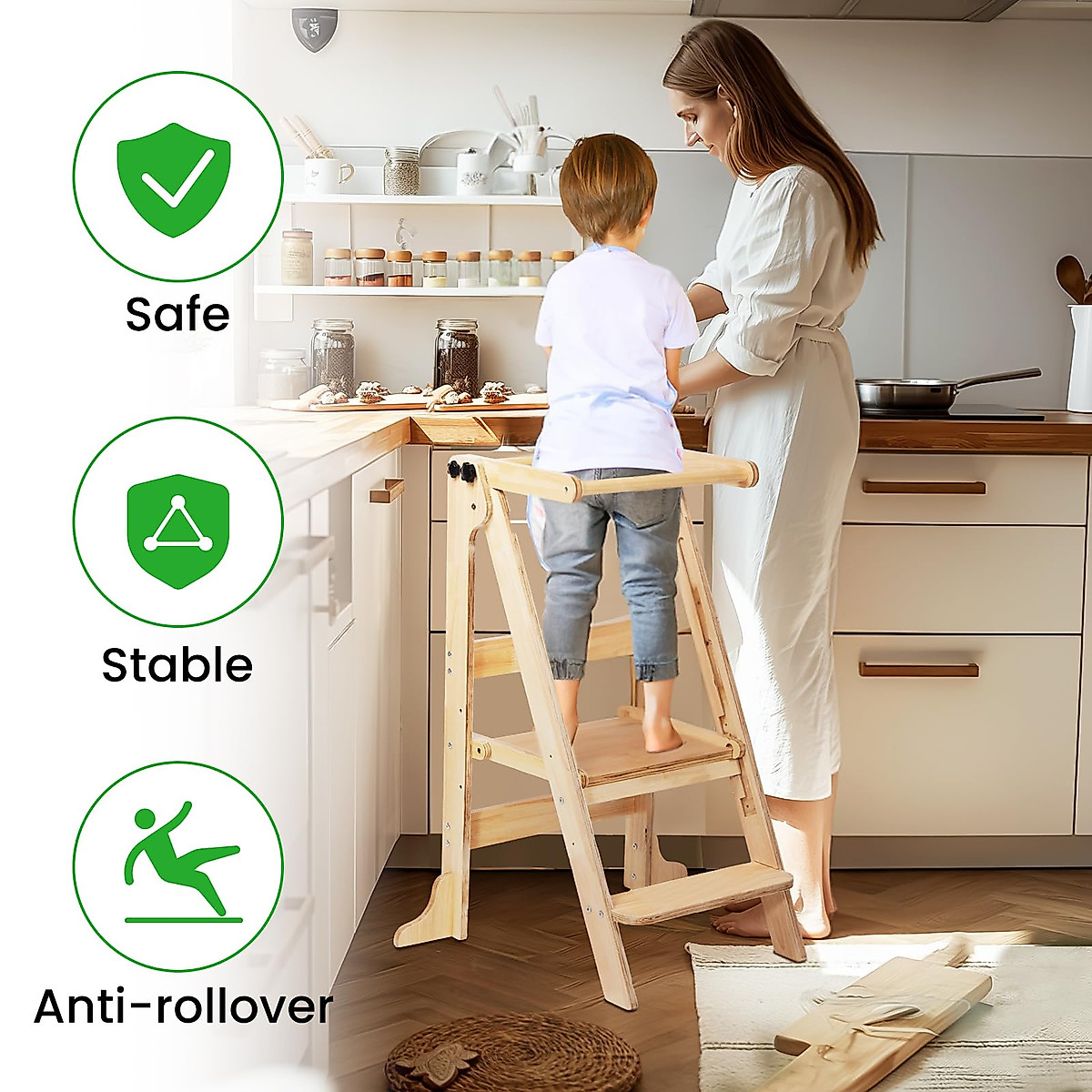 Toddler Tower Foldable - Kids Kitchen Step Stool with 3 Adjustable Heights & Safety Rail, Montessori Tower with Chalkboard for Learning, Standing Tower Helper Stool for Kitchen Counter Sink (Natural)