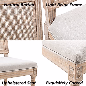 ZHENGHAO Vintage Farmhouse Dining Chairs Set of 2, French Country Dining Room Chairs with Rattan Back, Soild Wood Legs, Upholstered Chairs for Living Room/Kitchen/Restaurant, Beige