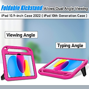 LTROP Kids Case for iPad 10th Generation 2022 10.9 inch, iPad 10th Gen Case [Built-in Screen Protector] Child-Proof Handle Kickstand Cover Case for iPad 10.9 10th Generation for Toddler Girl Hot Pink