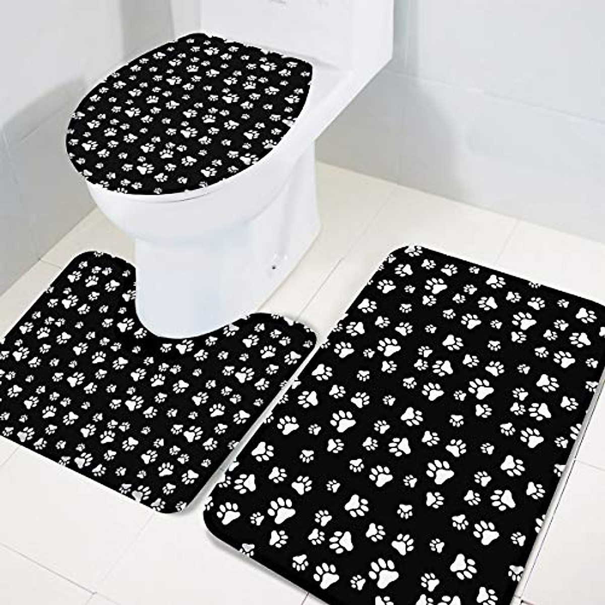3 Pieces Bath Rugs Sets Cute Cat and Dog Footprint Paws Soft Non-Slip Absorbent Toilet Seat Cover U-Shaped Toilet Mat for Bathroom Decor Black and White