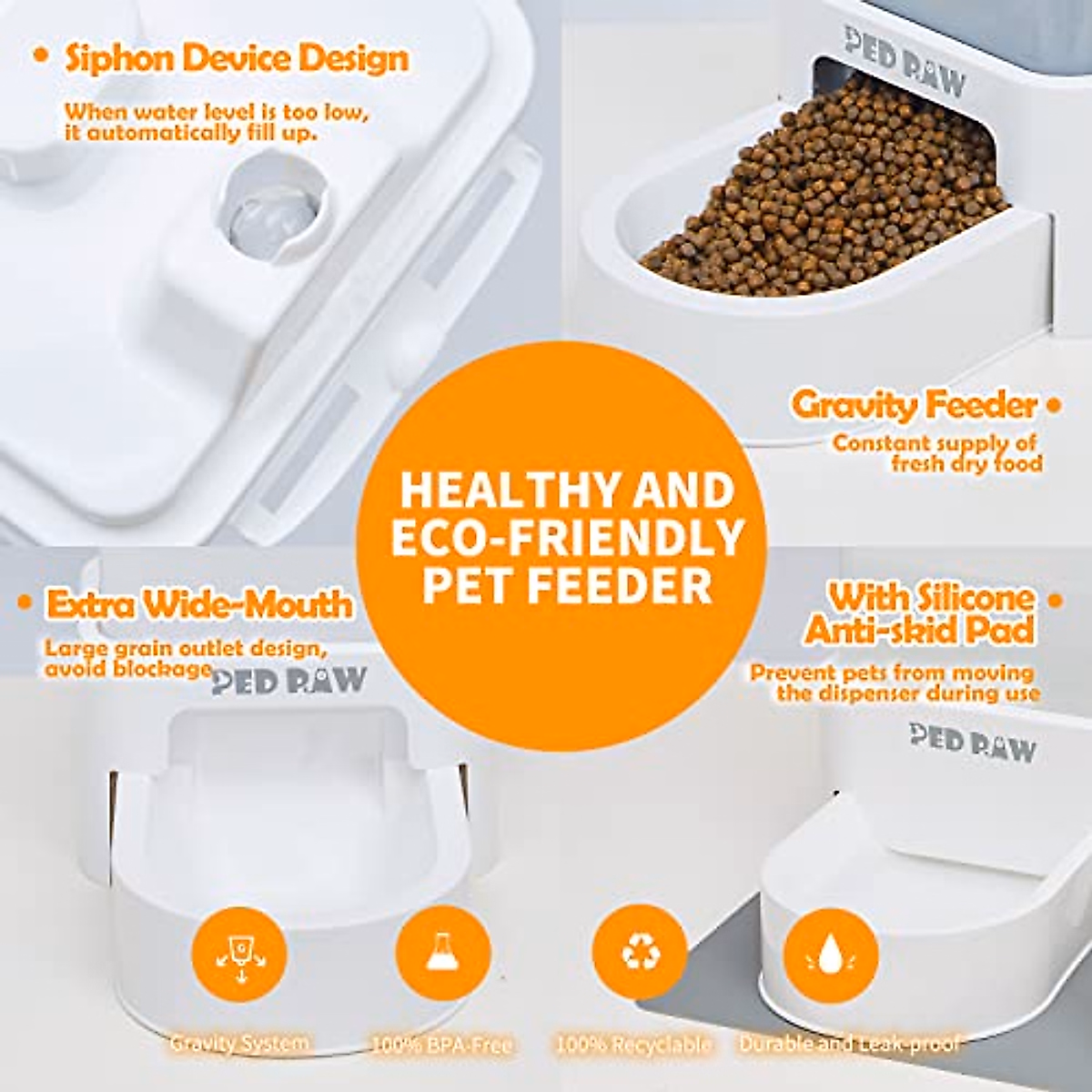 Automatic Food and Water Dispenser Set for Cat Dog, Gravity Auto Feeder Waterer Large Capacity 1 Gallon x 2 for Small Medium Large Pet with Mat