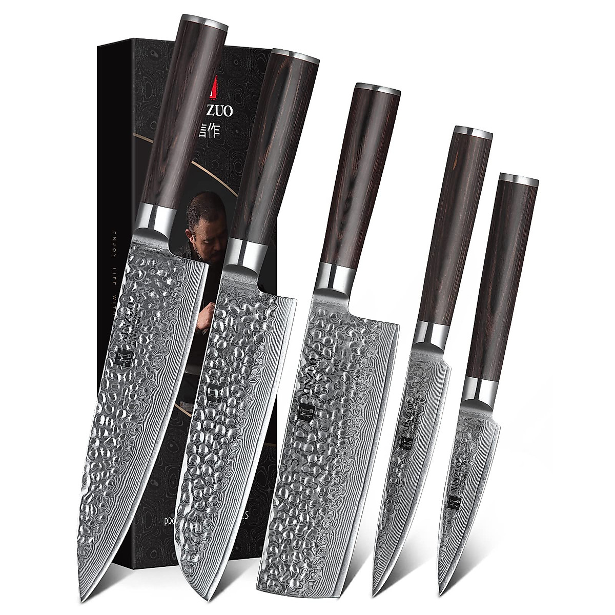 XINZUO 5-Piece Damascus Steel Kitchen Knife Set, Chef Santoku Nakiri Slicing Utility Knife Hammered Forging Damascus Kitchen Knife Professional Chef's Knife with Pakkawood Handle - He Series