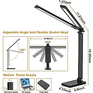 YUNSOVA LED Desk Lamp for Home Office, Double Head Desk Light, 5 Color Modes , 6 Brightness Levels, Touch Control, USB Charging Port, Auto Timer, Eye-Caring dimmable Table Lamp for Reading Study