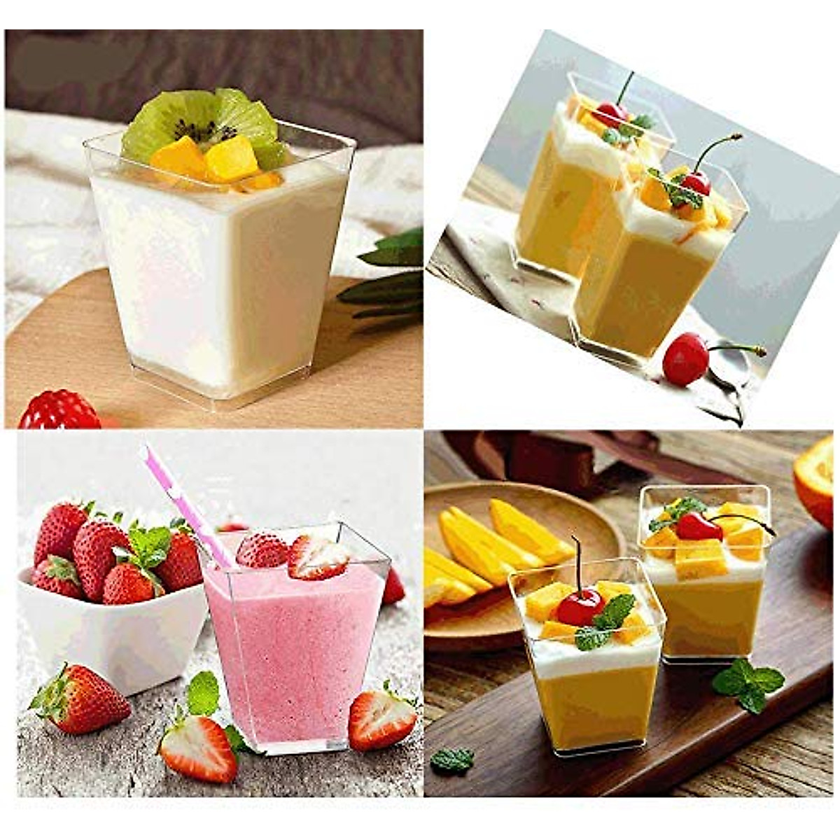 Sohapy 100 Pack 5.Oz Tall Square Food Grade Clear Plastic Dessert Tumbler Cups for Tiramisu,Cakes,Ice cream,Parfait, Dip, Sundaes,and Cookies (100)