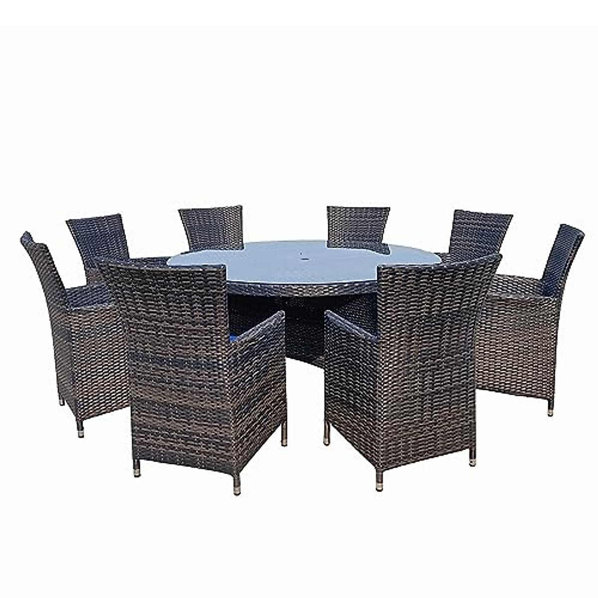 PATIOPTION 9 Piece Patio Set Outdoor Wicker Patio Furniture Sets Modern Bistro Set PE Rattan Chair Conversation Dining Sets (Round Table with 8 Seater) - Blue Cushion