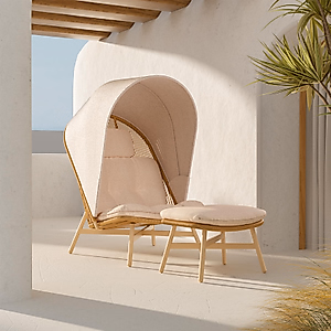 Grand patio Wicker Folding Egg Chair with Ottoman, Open Weave Wicker, 2-Piece Boho Oversize Lounge Chair, Sun Shade for Patio, Garden