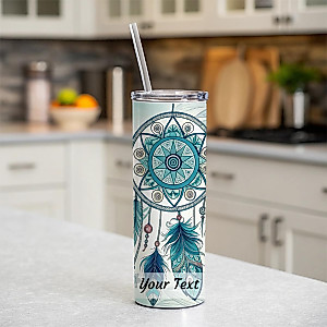 Personalized Custom Name Text Abstract Teal Blue Dream Catcher Southwestern Design Skinny Tumbler 20oz with Straw Insulated Water Bottle Gift - 1 Line Horizontal