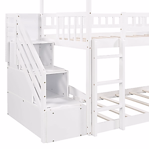 Twin Over Twin Bunk Bed for Kids Toddlers, House Bunk Bed Farm with Storage Steps and Slide Ladder Roof Guardrail for Girls/Boys, No Spring Box Required (White--Wood)