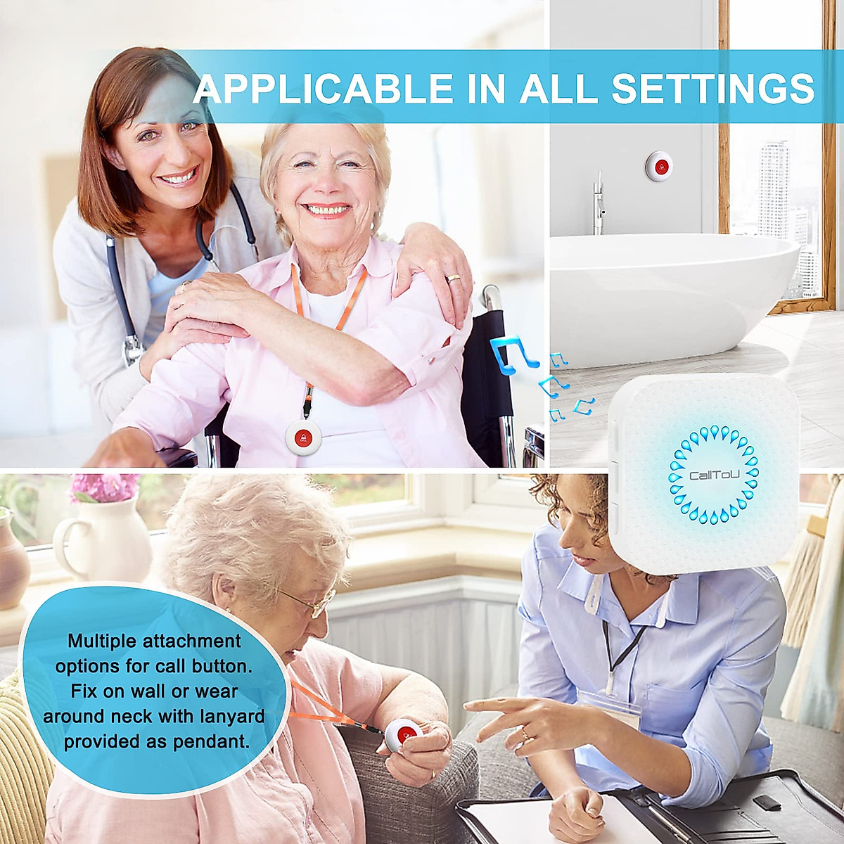 CallToU Wireless Caregiver Pager Call Button Nurse Alert System Waterproof 500+ Feet for Elderly Monitoring Patient Seniors 3 Transmitters 1 Plugin 1 Vibration Receiver